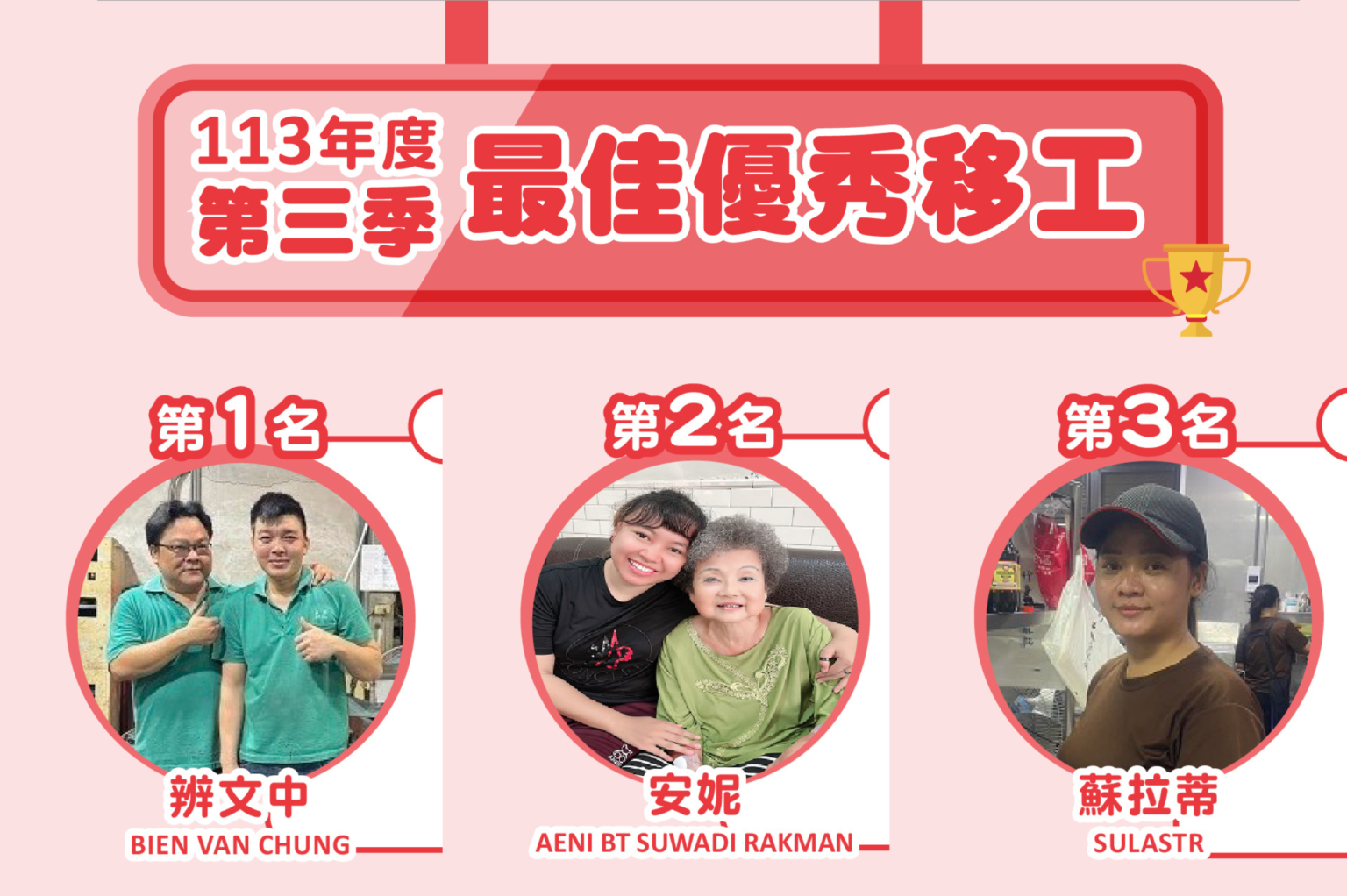 【194期】113年度第三季最佳優秀移工 - 康林申辦外勞專線0800-432326